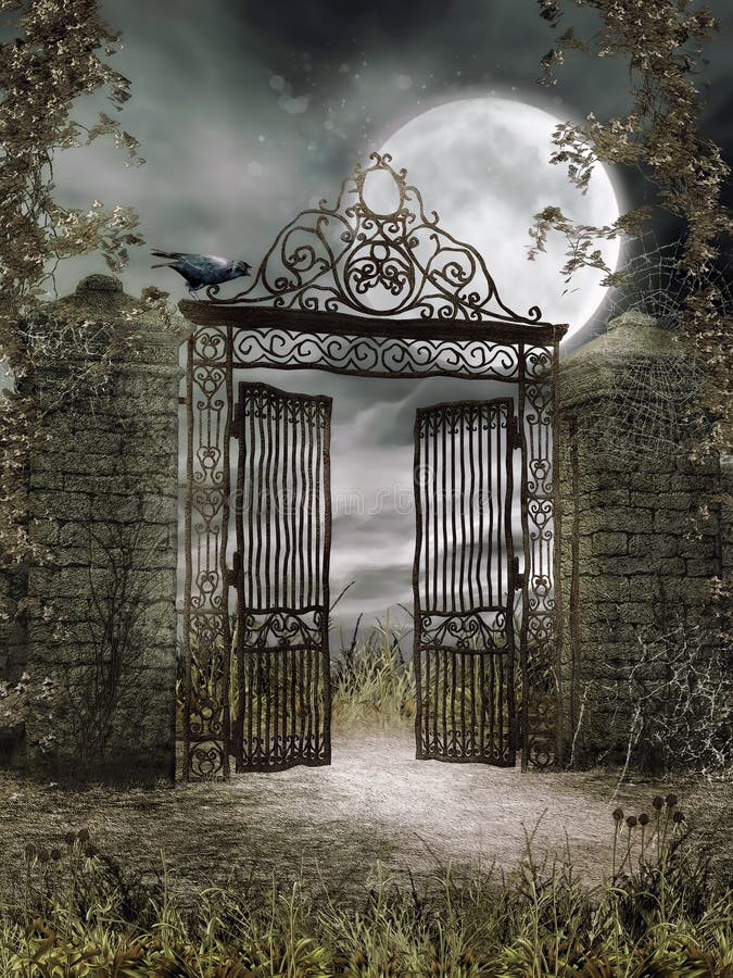 Old iron gate at night stock illustration. Illustration of stone - 33311564