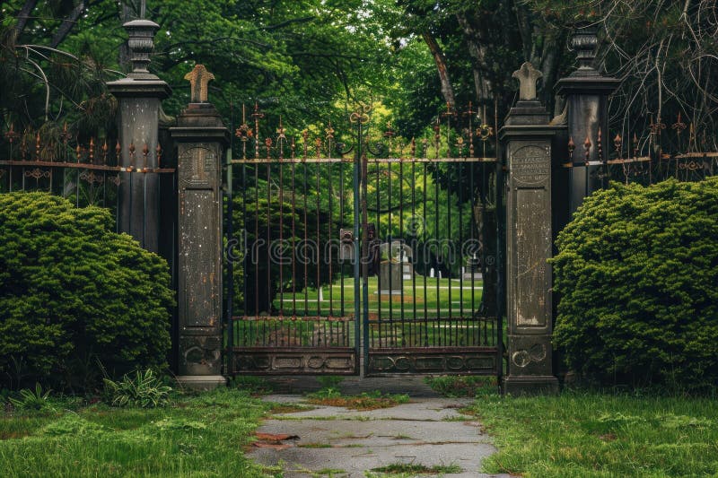Old Iron Gate Opening into Cemetery with Green Trees and Grass Stock ...