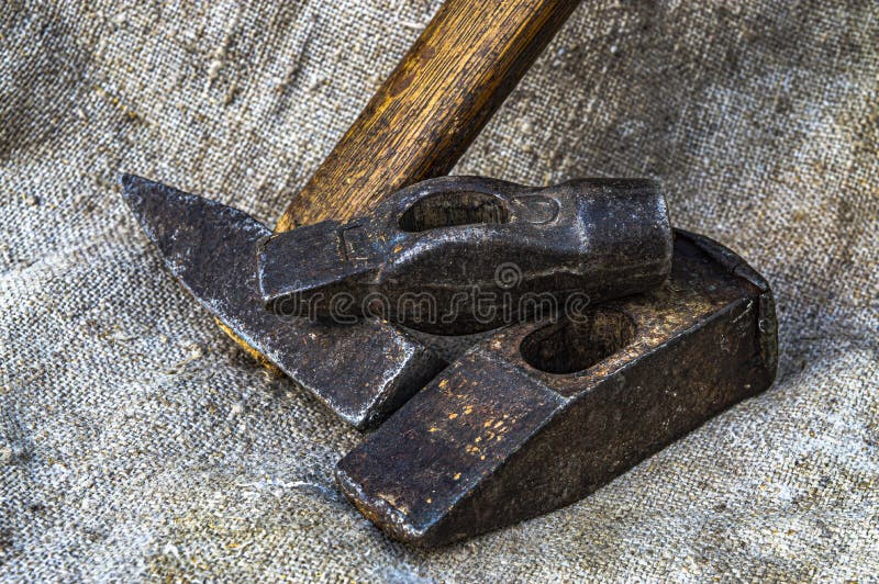 Old Iron Hammers Work Tools on Textured Fabric Close Up Stock Photo ...