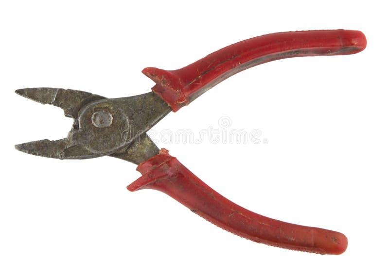 Old Iron Pliers with Plastic Handle, Isolated on White, Traces of ...