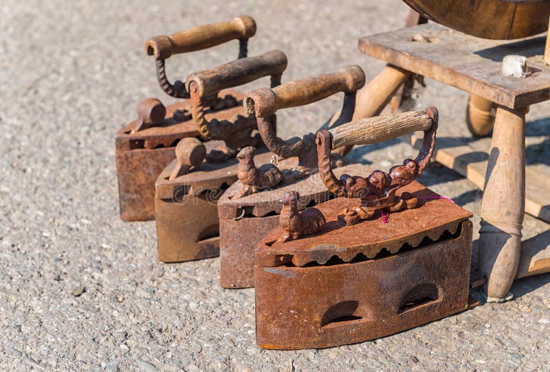 Old Irons at Antique Market Stock Image - Image of obsolete, machine ...