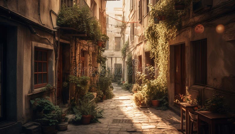 Old Italian Building with Flower Pots, Lanterns, and Rustic Shutters ...