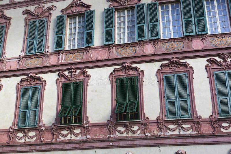 Old Italian Windows, Open, in a Faded Painted Wall with Shutters Stock ...