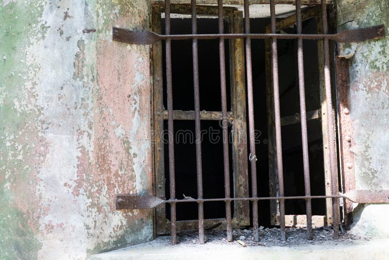 Old Jail House Window with Bars and Peeling Paint Stock Photo - Image ...