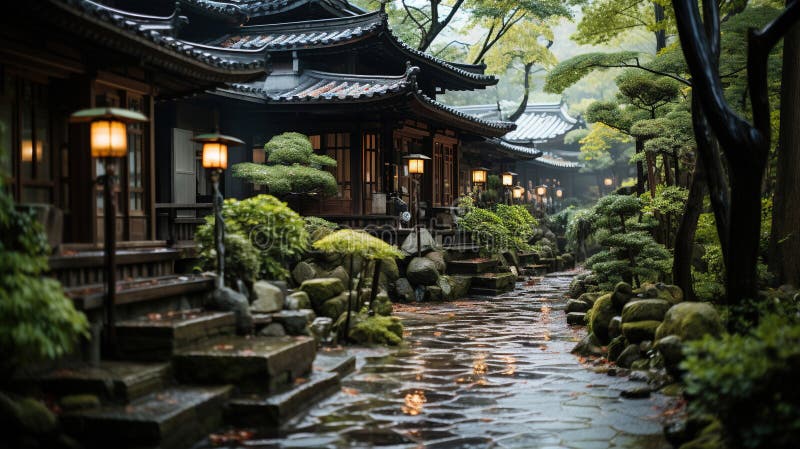 Old Japanese Style House beside the Wet Stone Path and Green Trees ...