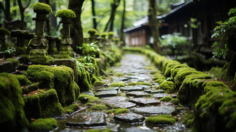 Old Japanese Style House beside the Wet Stone Path and Green Trees ...