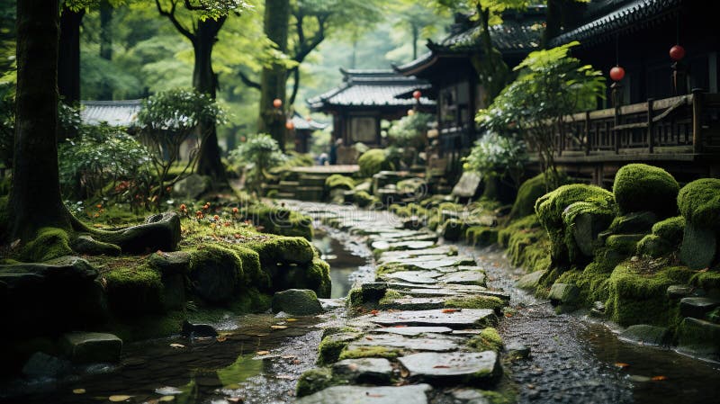 Old Japanese Style House beside the Wet Stone Path and Green Trees ...