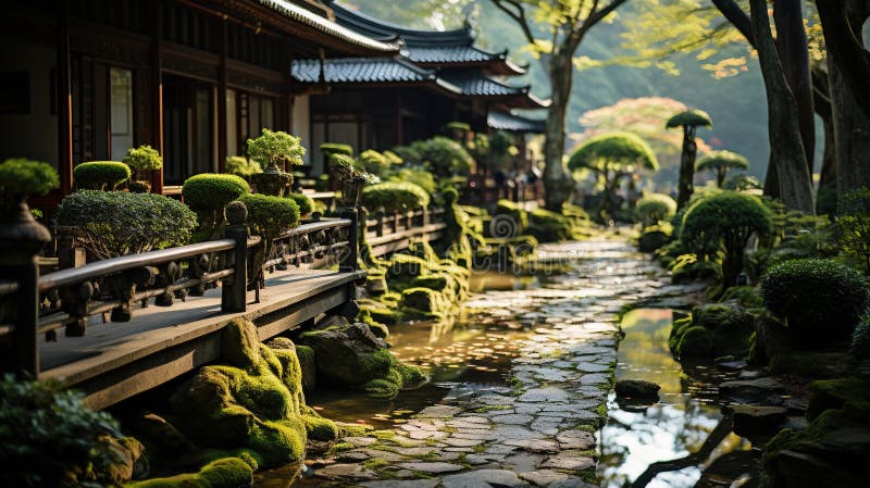 Old Japanese Style House beside the Wet Stone Path and Green Trees ...
