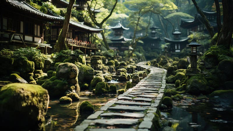 Old Japanese Style House beside the Wet Stone Path and Green Trees ...