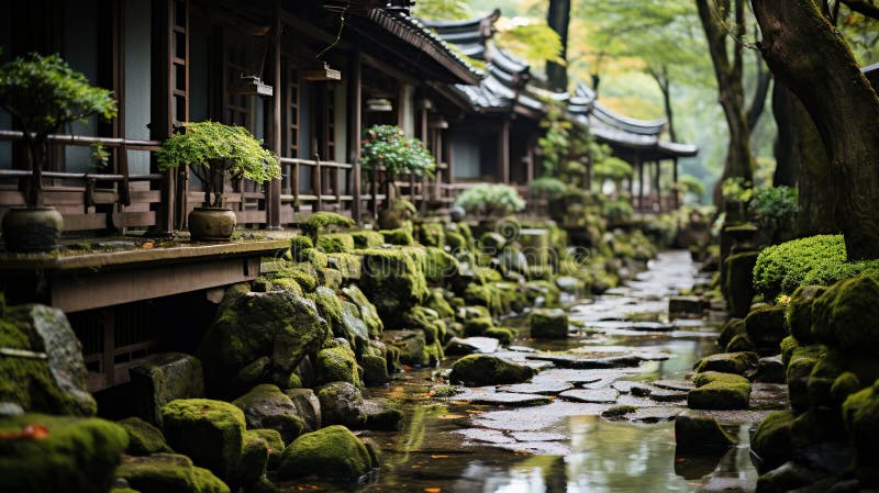Old Japanese Style House beside the Wet Stone Path and Green Trees ...