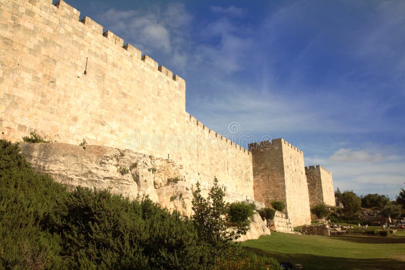 Old Jerusalem city walls stock photo. Image of grass - 69067948