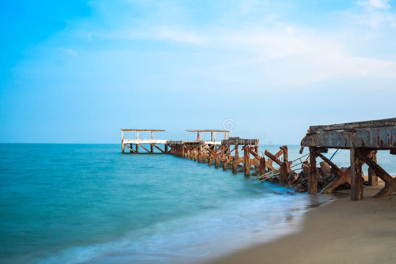 Old Jetty Damage at Sand Beach Stock Photo - Image of dusk, district ...