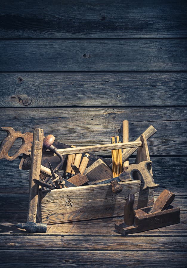Old Joinery Tool Box on Rustic Wooden Table Stock Photo - Image of ...