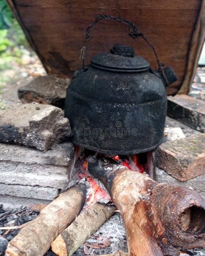 Old Kettle Stuff with Wood for Fire Stock Image - Image of wood, stuff ...