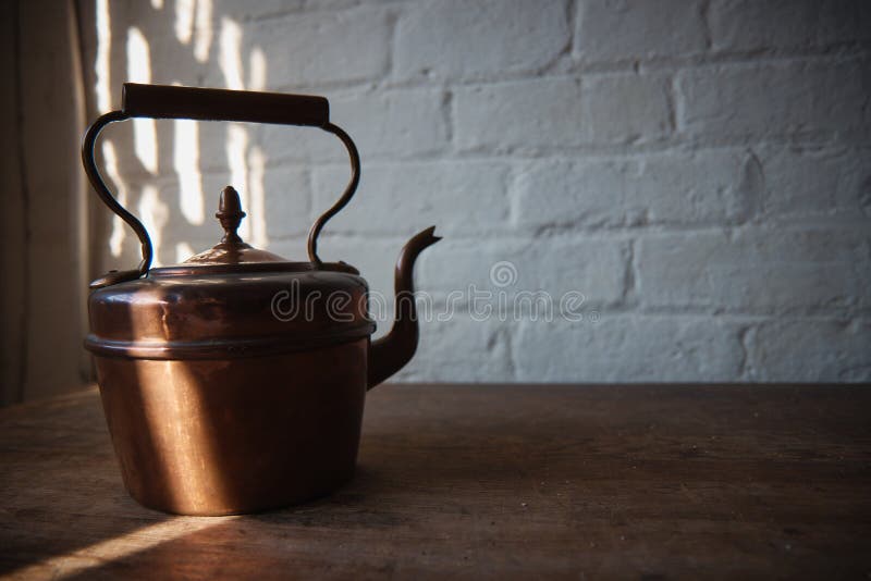 Old kettle on the table . stock image. Image of aluminium - 112281443