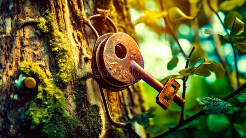 Old Key is Attached To Tree in the Forest, with Moss Growing on it ...