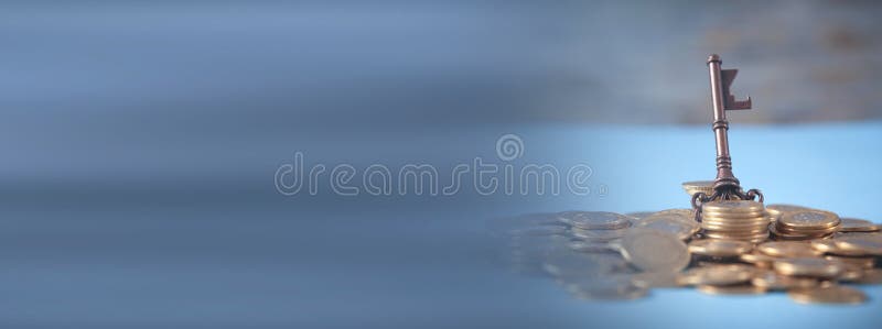 Old key and stack of coins stock image. Image of capital - 282101969