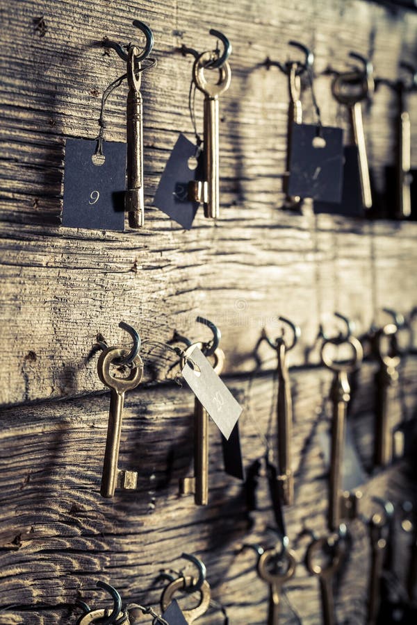 Old Keys with Number in Hotel on Wooden Wall Stock Photo - Image of ...