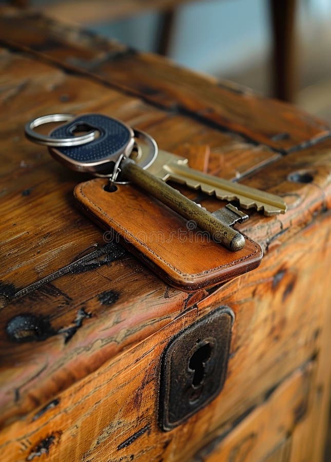 Old Keys on Wooden Chest. a Set of Keys with a House on a Wooden Table ...