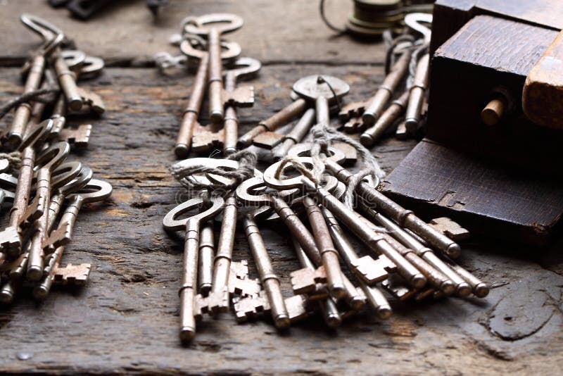 Old keys on workbench a stock image. Image of wooden - 33777551