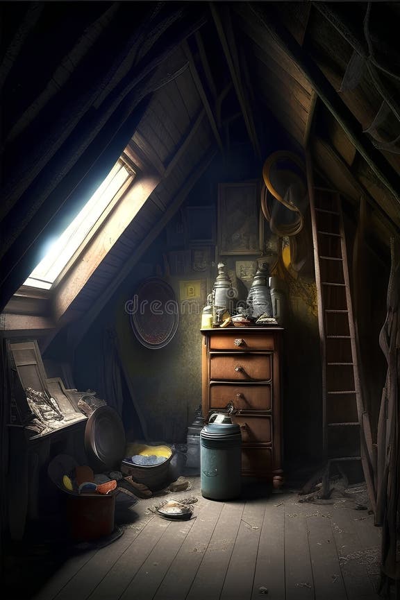 Old Kitchen in the Attic of a Wooden House. 3d Rendering Stock Illustration - Illustration of ...
