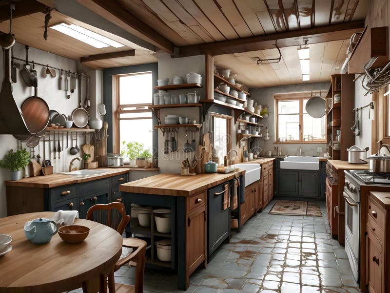An Old Kitchen with Dishes. Stock Illustration - Illustration of ...