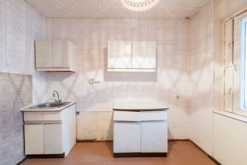 Old Kitchen Interior with White Cabinets and Brightly Lit Space. Old ...