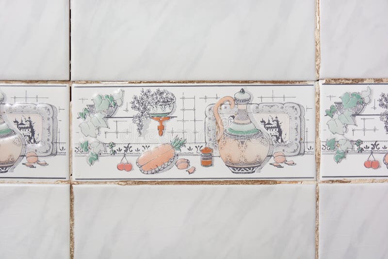Old kitchen wall tiles stock photo. Image of flowers - 205735926