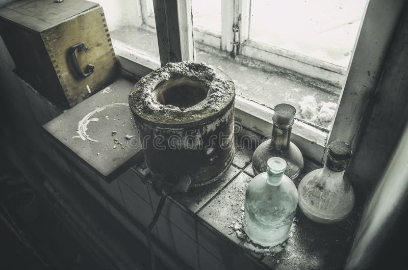 Old Laboratory with a Lot of Bottles Recorded with Glider Stock Image ...