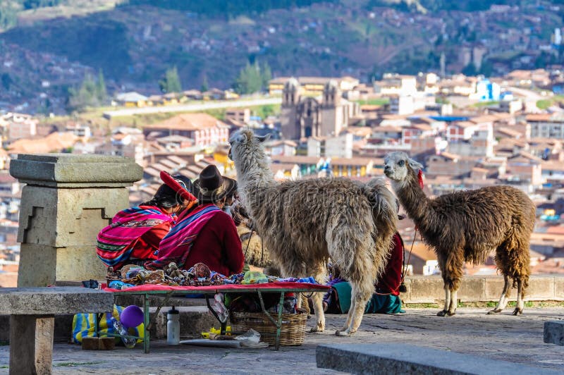 Old Ladies with Lamas in Cusco, Peru Editorial Image - Image of ...
