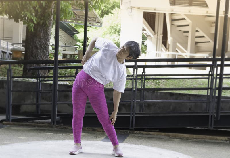 Old Lady Bend Side of Body for Stretching before Exercise Stock Photo ...