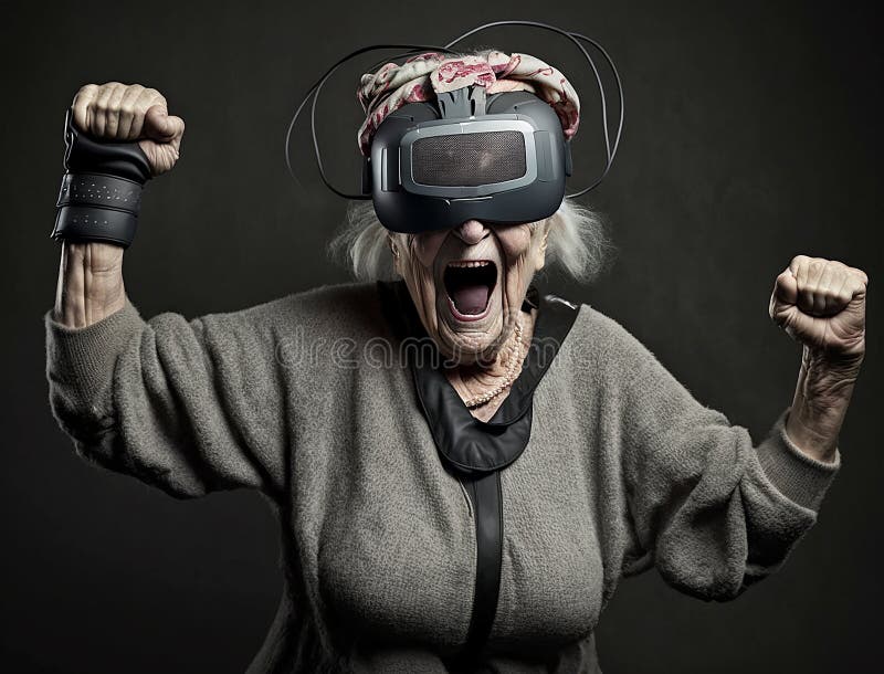 Cute Granny or Old Lady Having Fun with Virtual Reality, Playing a Role ...