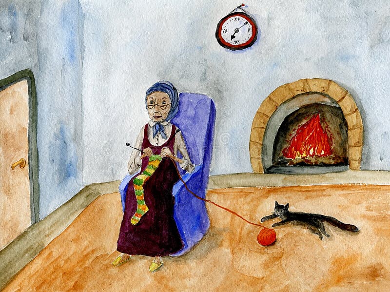 Old lady knitting stock illustration. Illustration of home - 9652648