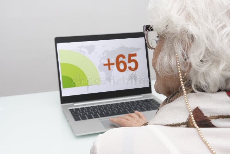 Old Lady Looking at a Computer on a White Table Stock Photo - Image of ...