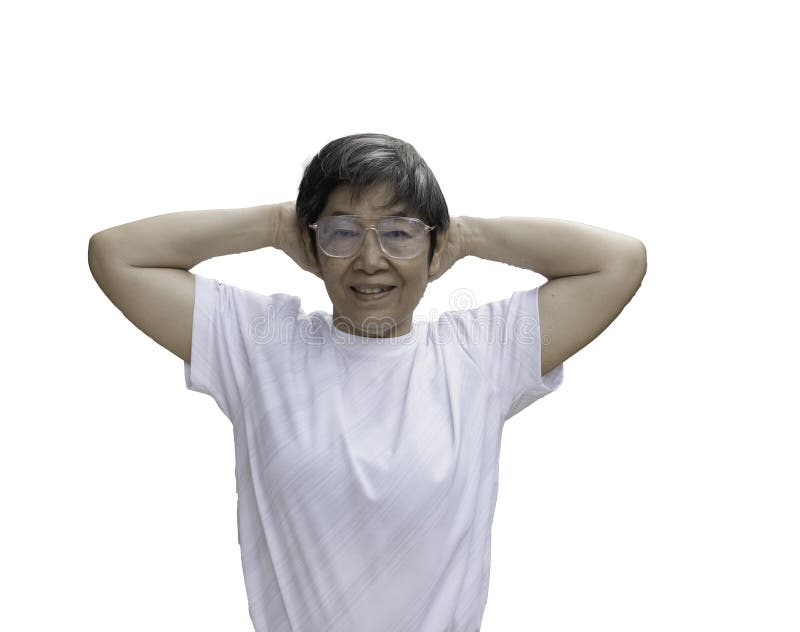 Old Lady Raise Hands Touch Back of Her Head for Stretching Body before ...