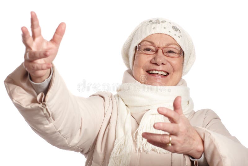 Old Lady at Winter with Open Arms Smiling Stock Photo - Image of ...