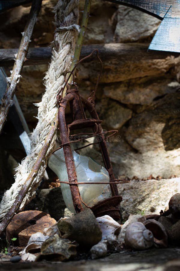 Oil Lamp on Old Broken Window Stock Image - Image of glass, kerosene ...