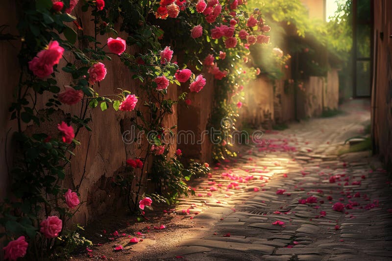 An Old Lane in the Old Town, Lined with Pink and Crimson Roses.ai ...