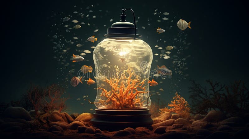 An Old Lantern and Bio-luminescent Sea Creatures Stock Illustration ...