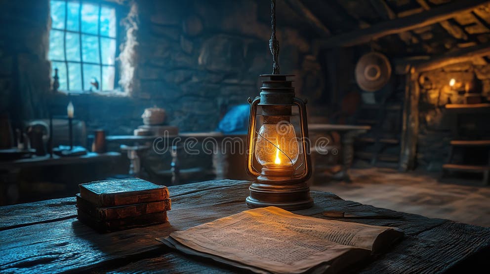 Old Lantern Illuminates Rustic Cottage Study, Night Stock Photo - Image ...