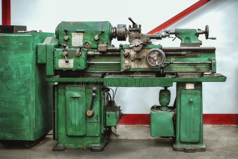The Old Lathe is Painted Green. Small Metal Processing Shop Stock Photo ...