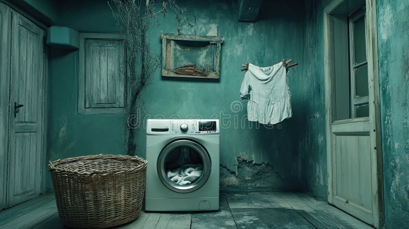 Old Laundry Room with Washing Machine Stock Illustration - Illustration ...