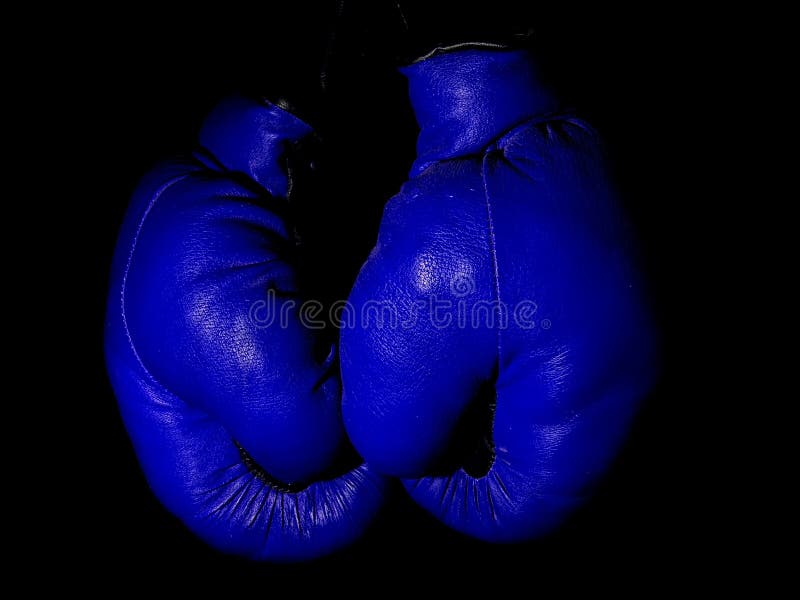 Old Leather Blue Boxing Gloves Hanging in the Dark Stock Photo - Image ...
