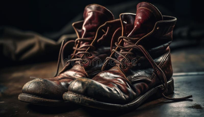 Old Leather Boots, Undone Laces, Rugged Style Generated by AI Stock ...