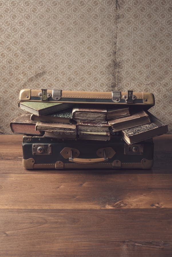 Old Leather Suitcase with Books on the Floor Stock Image - Image of ...