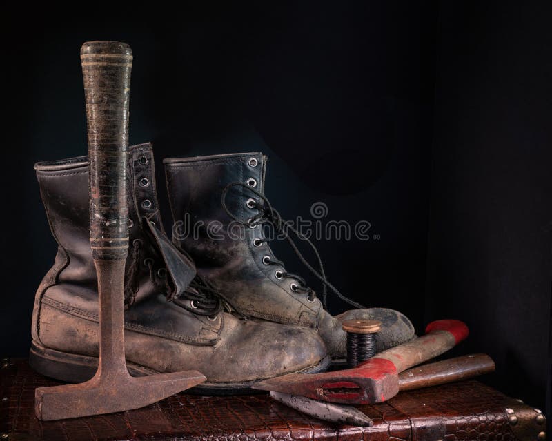 Old Leather Work Boots and Ax Stock Image - Image of wire, light: 304298779