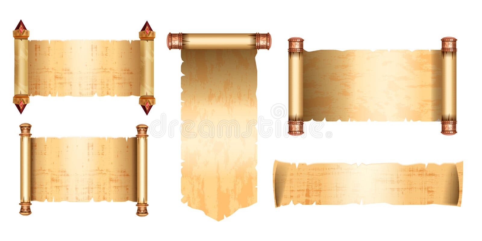 Old Parchment Paper Set, Vector Game UI Scroll Papyrus Kit, Ancient Empty Document Isolated on ...
