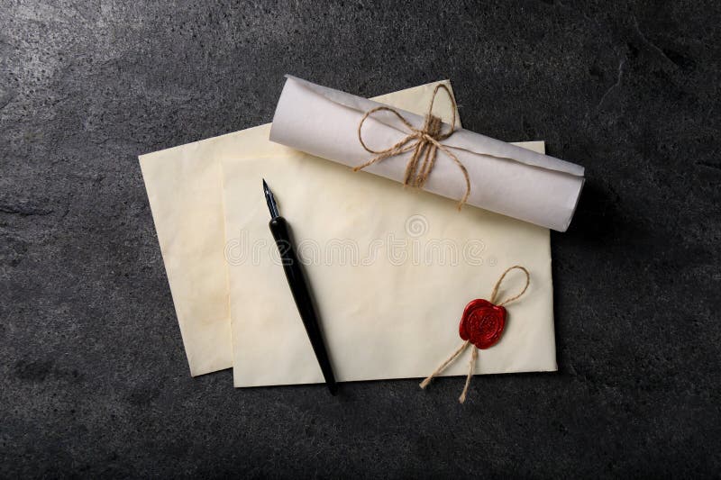 Old Letters and Fountain Pen on Grey Table, Top View Stock Photo ...