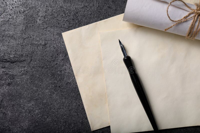 Old Letters and Fountain Pen on Grey Table, Top View. Space for Text ...