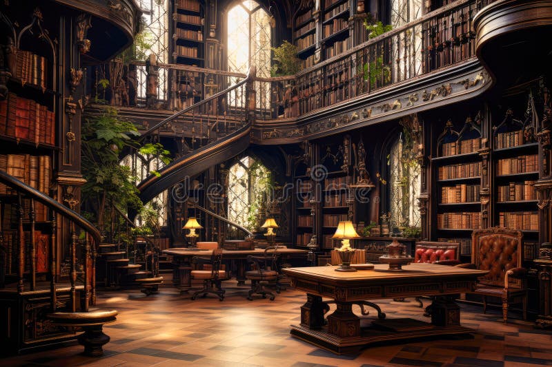 Old Library Interior with Bookshelf and Bookshelf. Stock Photo - Image ...